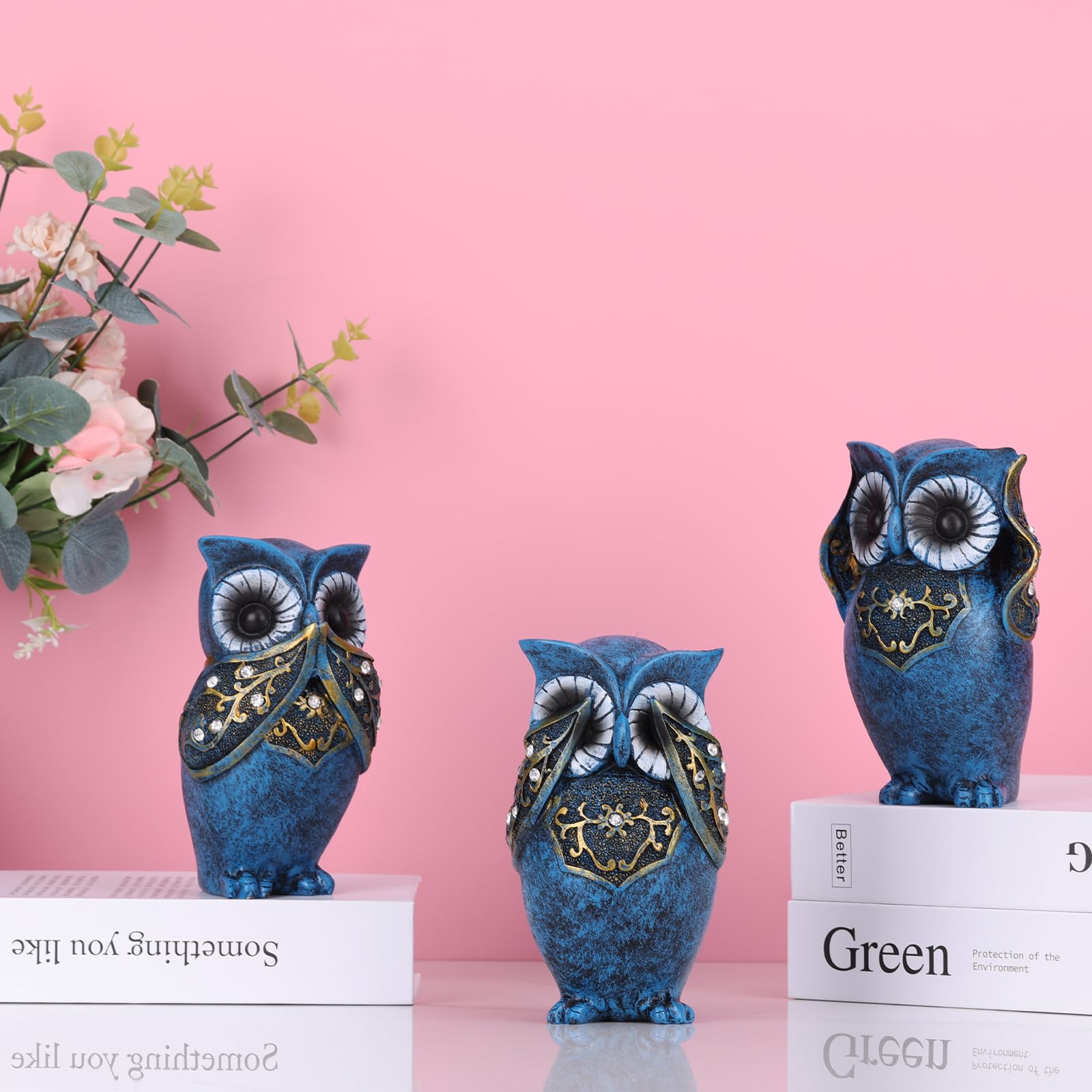Owl Statue 3 Piece Set, Don't Look, Don't Hear, Don't Tell Owl Decor, Three Wise Owl Figurines for Shelf Decor, Living Room Bedroom Room Decor, Blue and Gold Home Decor