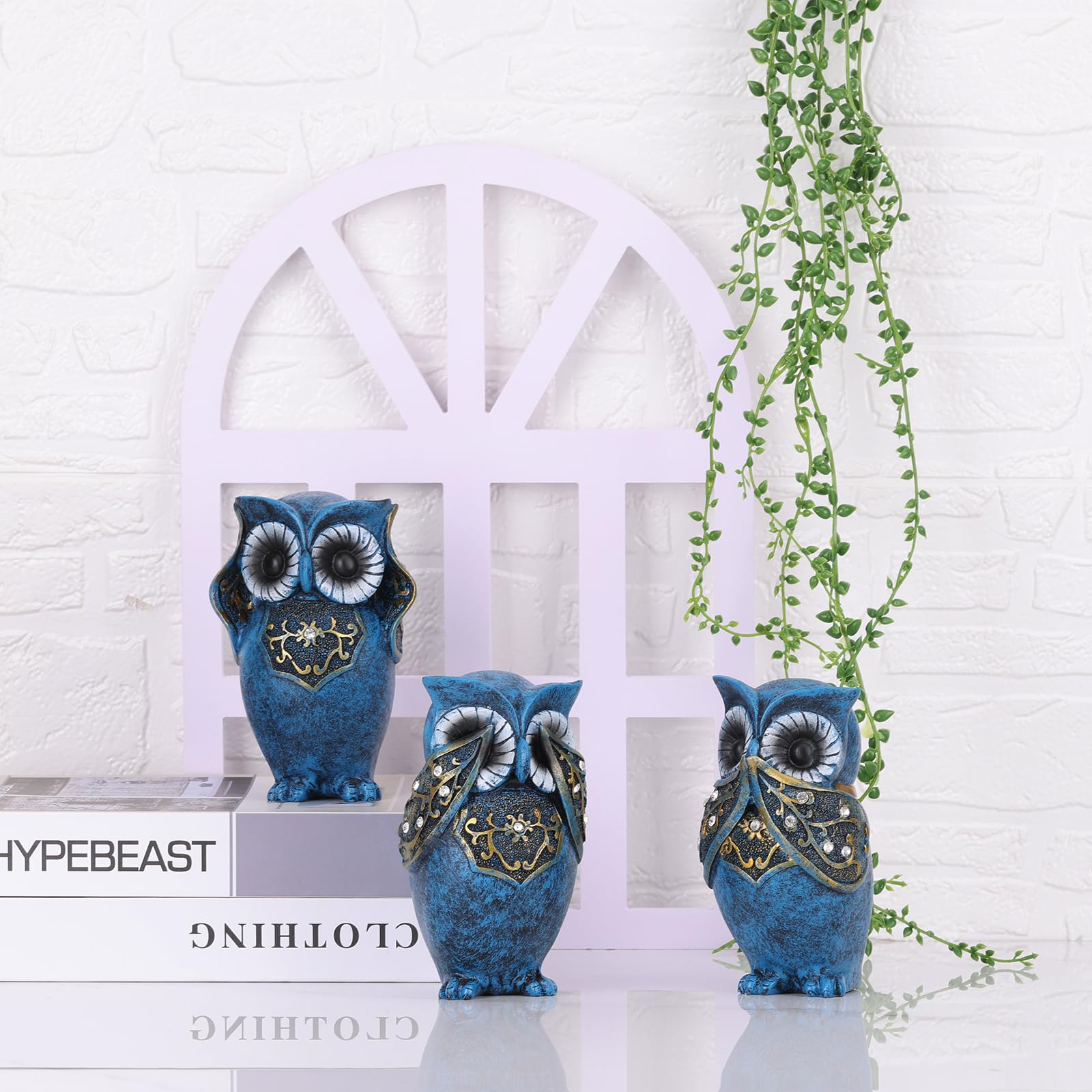 Owl Statue 3 Piece Set, Don't Look, Don't Hear, Don't Tell Owl Decor, Three Wise Owl Figurines for Shelf Decor, Living Room Bedroom Room Decor, Blue and Gold Home Decor