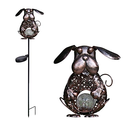 KAIXOXIN Garden Solar Lights Metal Dog Crackle Glass Globe Stake Lights,Waterproof Warm White LED Solar Path Lights (Dog-Bronze)
