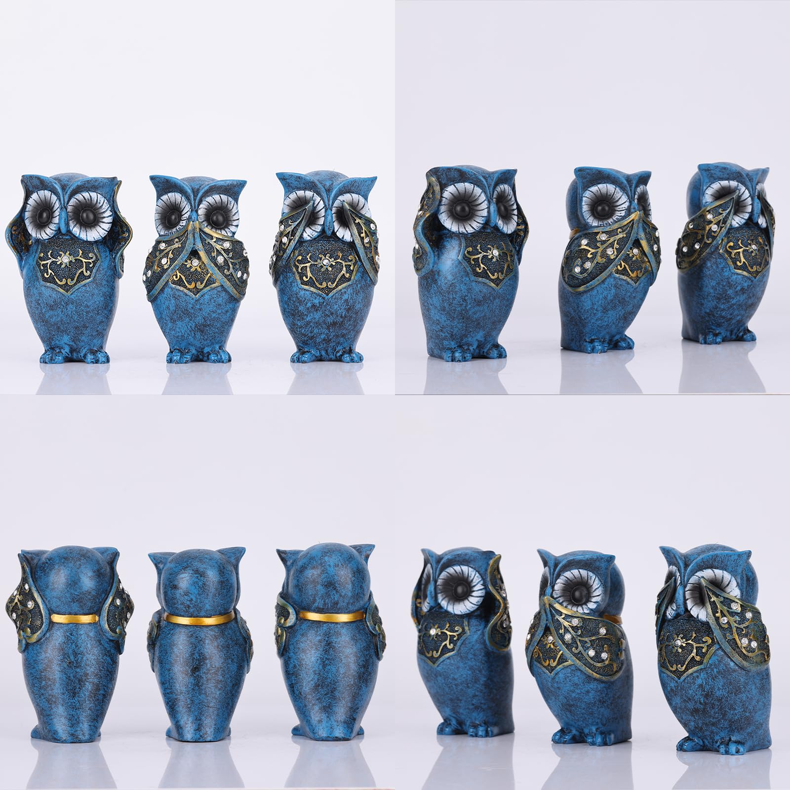 Owl Statue 3 Piece Set, Don't Look, Don't Hear, Don't Tell Owl Decor, Three Wise Owl Figurines for Shelf Decor, Living Room Bedroom Room Decor, Blue and Gold Home Decor