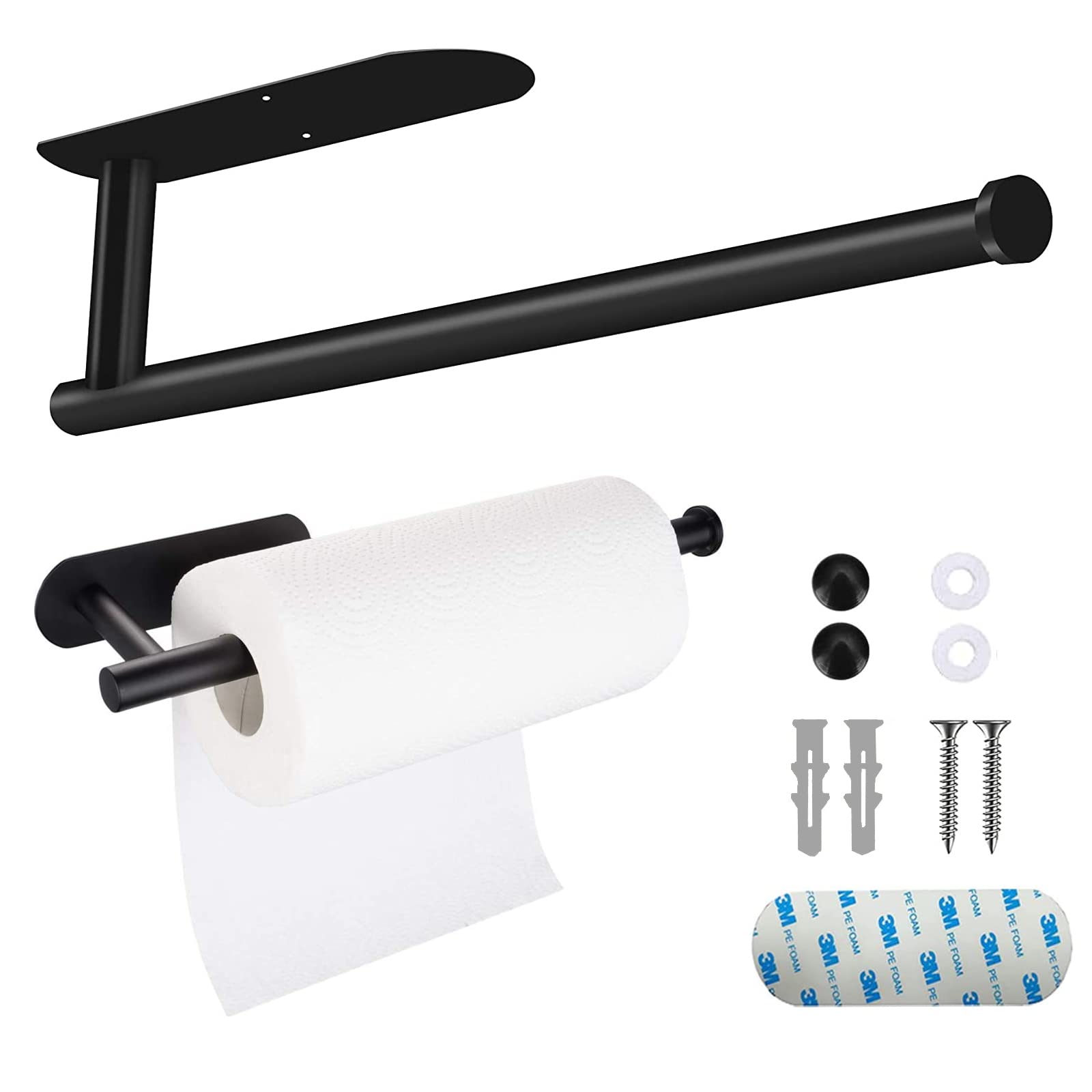Paper Towel Holder Under Cabinet , Under Cabinet Black Paper Towel Rack,Both Available in Adhesive and Screws,SUS304 Stainless Steel Self-Adhesive Paper Towel Bar,for Kitchen, Pantry, Sink, Bathroom