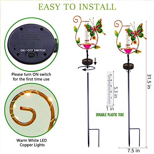 Juegoal 31.5 Inch Rain Gauge, Solar Powered Lighted Butterfly Garden Stakes Decor with 16 LED Warm White Copper Lights, Metal Yard Art Outdoor Lawn Pathway Patio Decorations
