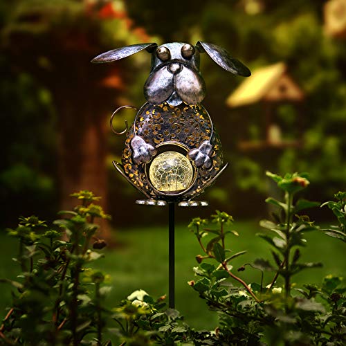 KAIXOXIN Garden Solar Lights Metal Dog Crackle Glass Globe Stake Lights,Waterproof Warm White LED Solar Path Lights (Dog-Bronze)