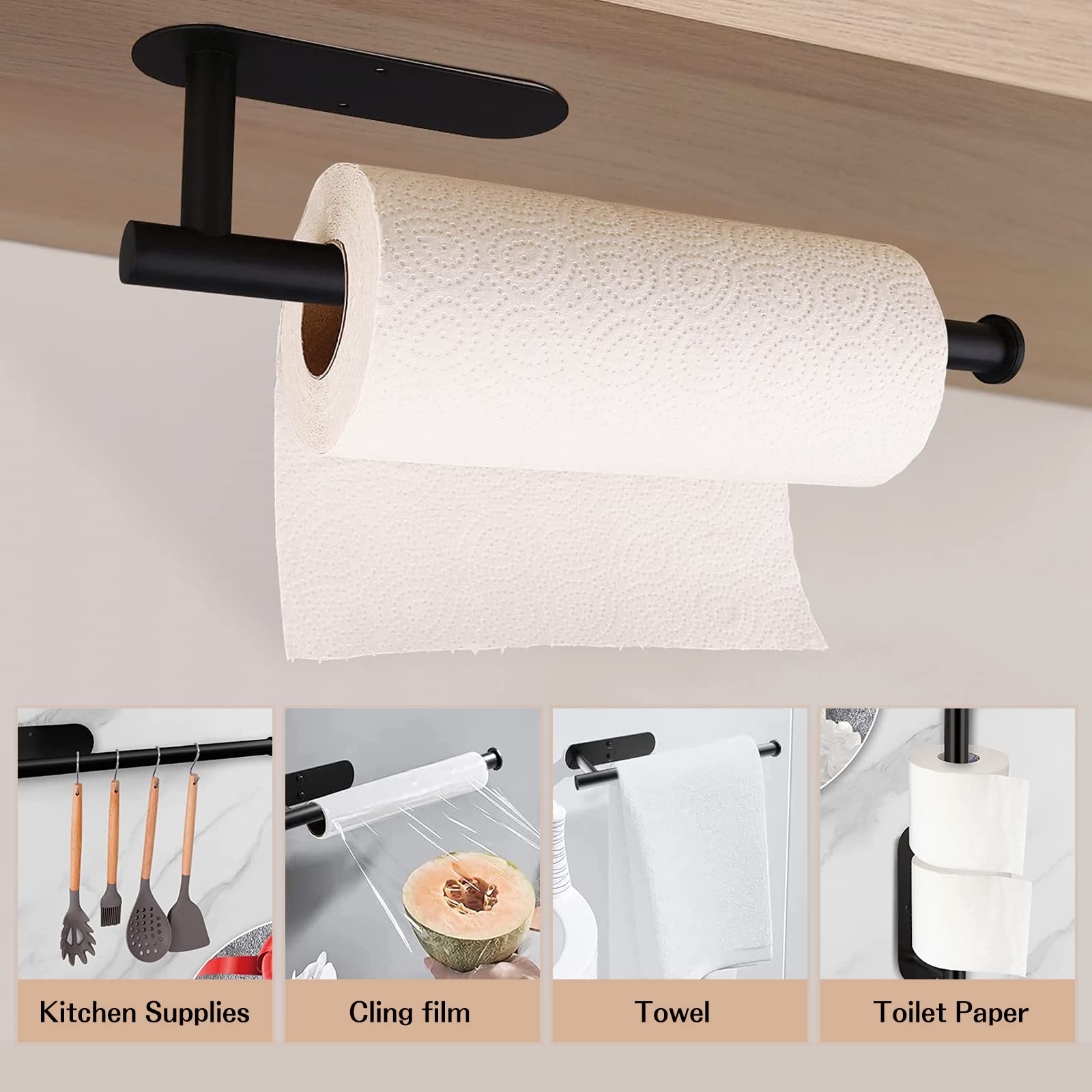 Paper Towel Holder Under Cabinet , Under Cabinet Black Paper Towel Rack,Both Available in Adhesive and Screws,SUS304 Stainless Steel Self-Adhesive Paper Towel Bar,for Kitchen, Pantry, Sink, Bathroom