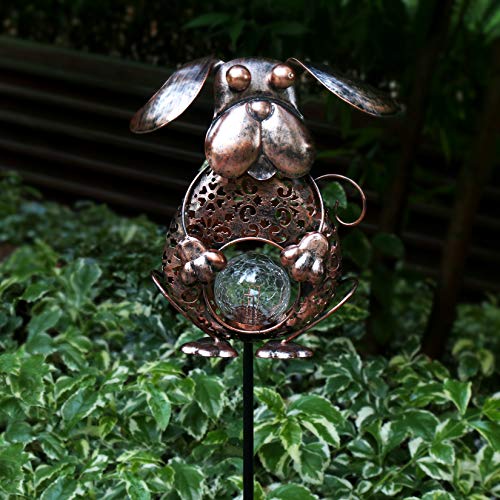 KAIXOXIN Garden Solar Lights Metal Dog Crackle Glass Globe Stake Lights,Waterproof Warm White LED Solar Path Lights (Dog-Bronze)