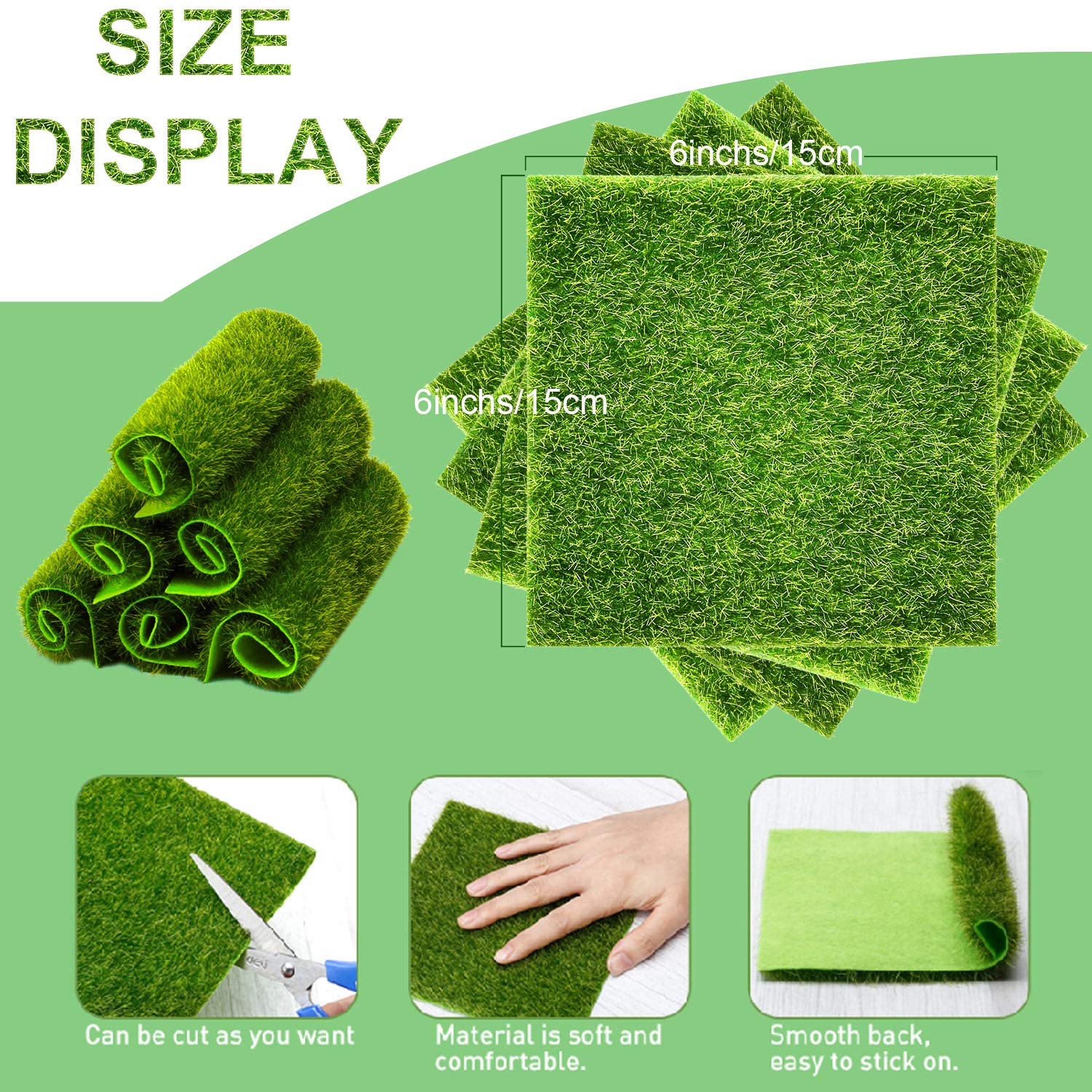 Mudder 10 Pieces Artificial Garden Grass Fairy Grass Lawn Miniature Ornament Garden Dollhouse DIY Simulation Moss Craft for Garden Dollhouse Decor, 6 x 6 Inches