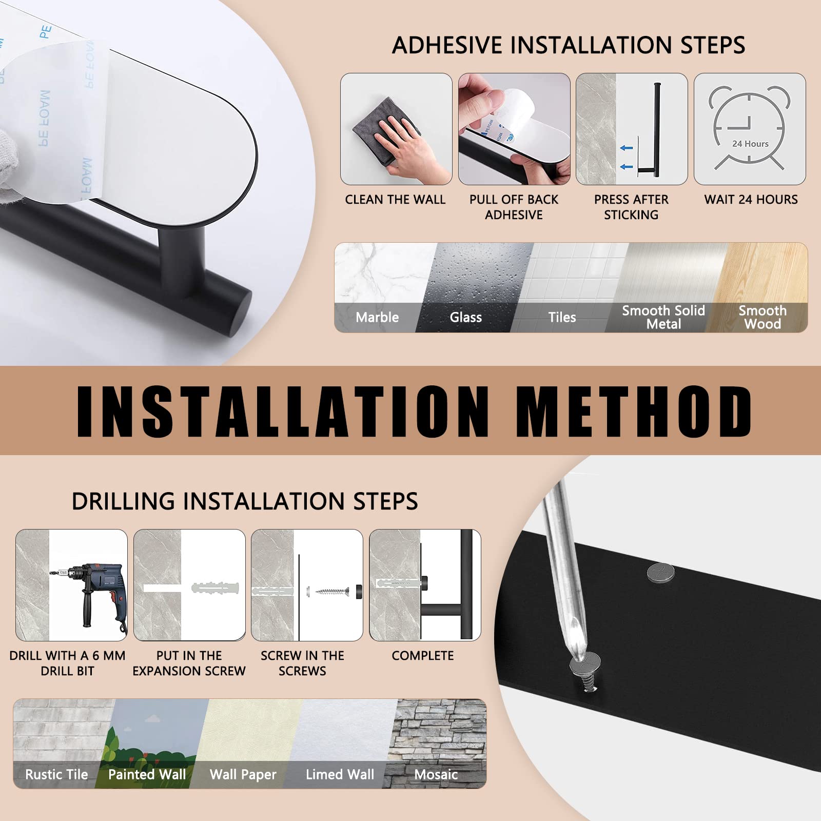 Paper Towel Holder Under Cabinet , Under Cabinet Black Paper Towel Rack,Both Available in Adhesive and Screws,SUS304 Stainless Steel Self-Adhesive Paper Towel Bar,for Kitchen, Pantry, Sink, Bathroom