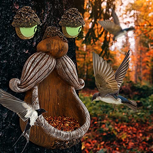 Juegoal Tree Face Decor Bird Feeder Outdoor, Eyes Glow in Dark Fun Old Man Tree Hugger Sculpture Yard Art Garden Lawn Ornament Decoration