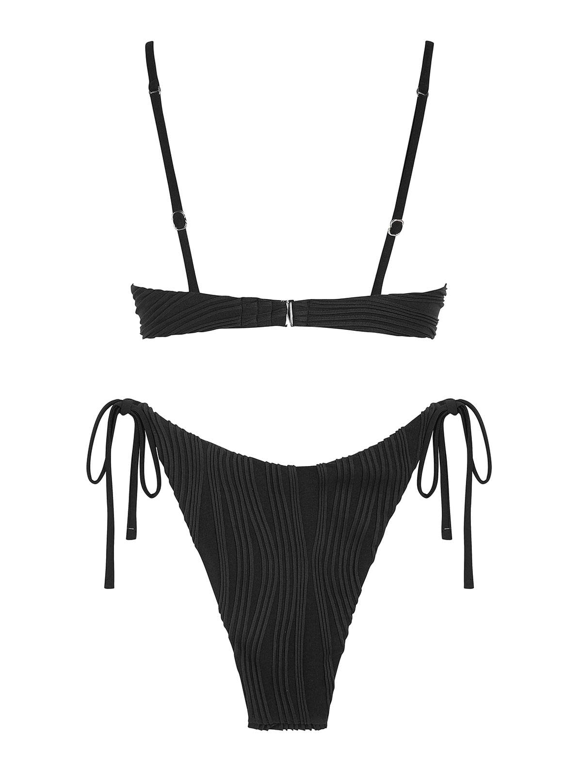 ZAFUL Women's Textured Underwire Bikini Set V Notch High Cut Swimwear Tie Side Ribbed Sexy Swimsuits