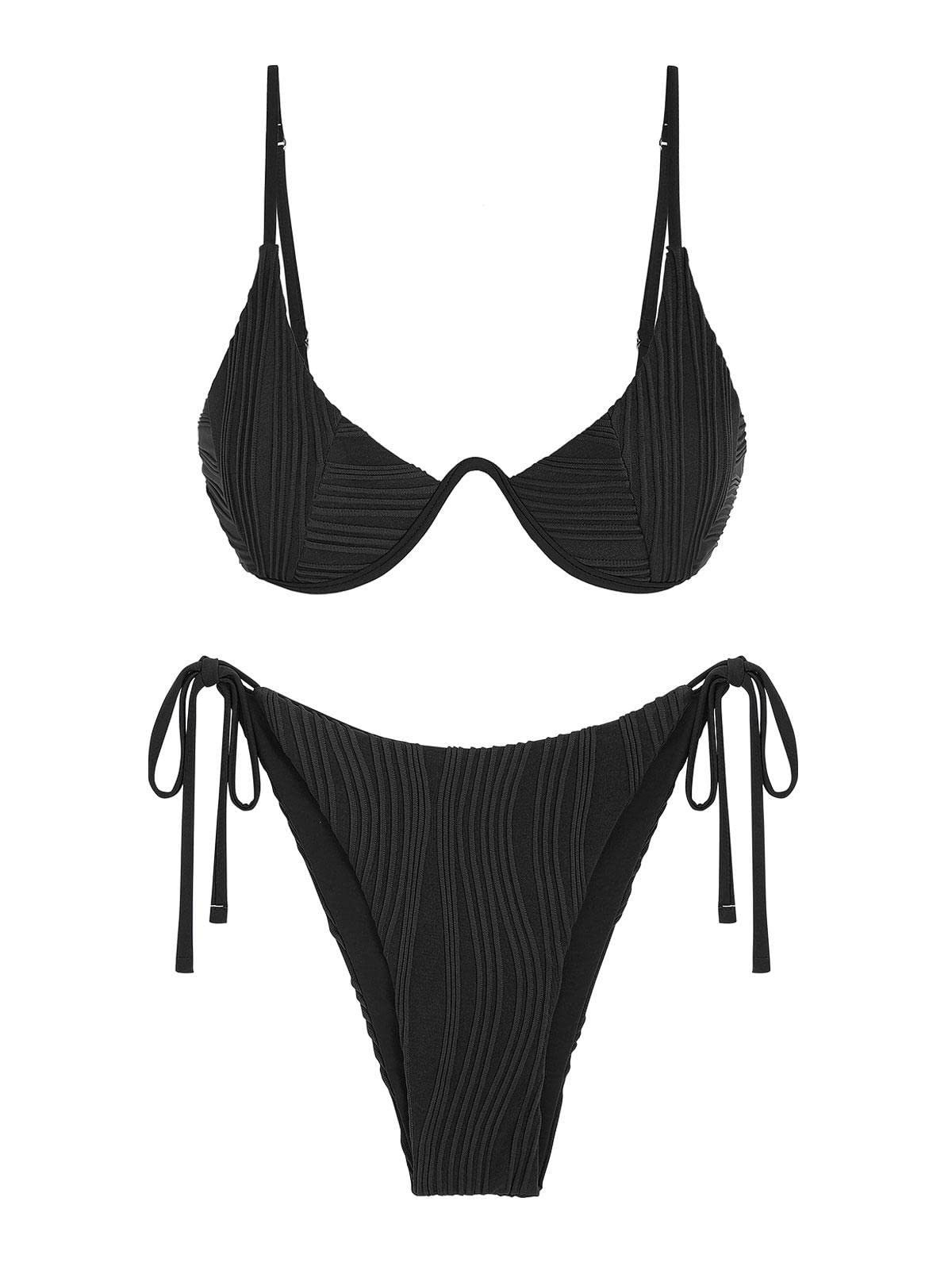 ZAFUL Women's Textured Underwire Bikini Set V Notch High Cut Swimwear Tie Side Ribbed Sexy Swimsuits