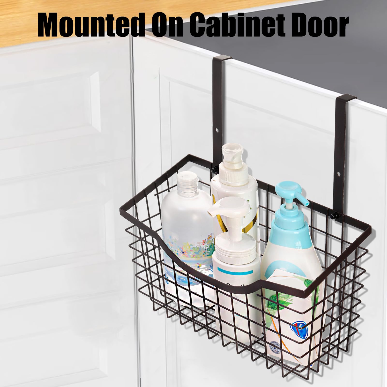 Nicunom 2 Pack Grid Storage Baskets with Hooks, Over Cabinet Door Organizer, Wire Basket Hanging Storage Organizer Steel Wire Sink Organization for Kitchen & Bathroom, Holds Shampoo, Body Wash, Bronze