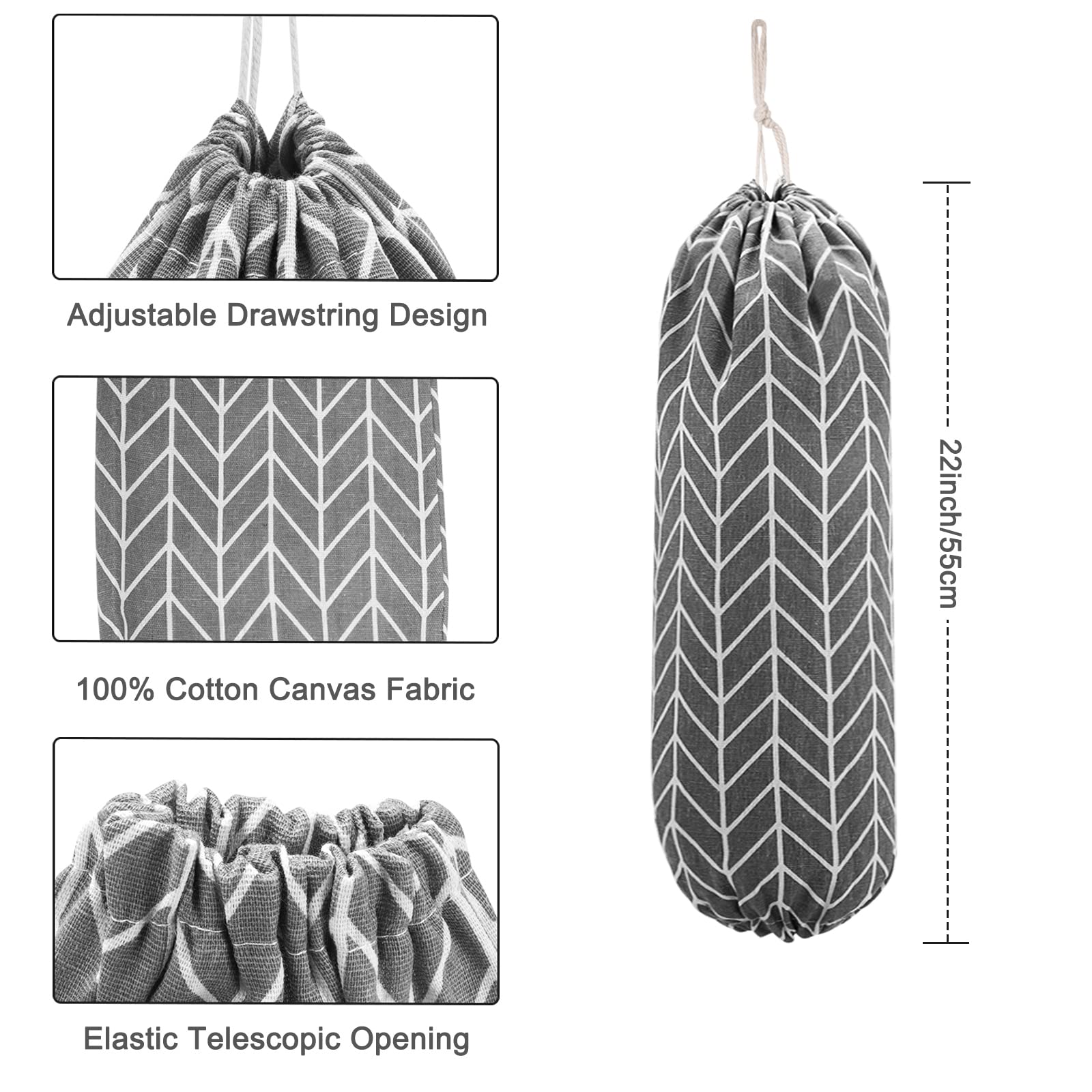 Plastic Bag Holder, Large Grocery Bags Holder, Wall Mount Garbage Plastic Bag Organizer, Shopping Bag Storage Dispenser Trash Bag Holder for Home Kitchen Travelling Drawstring Washable, 2 Pack (Gray)