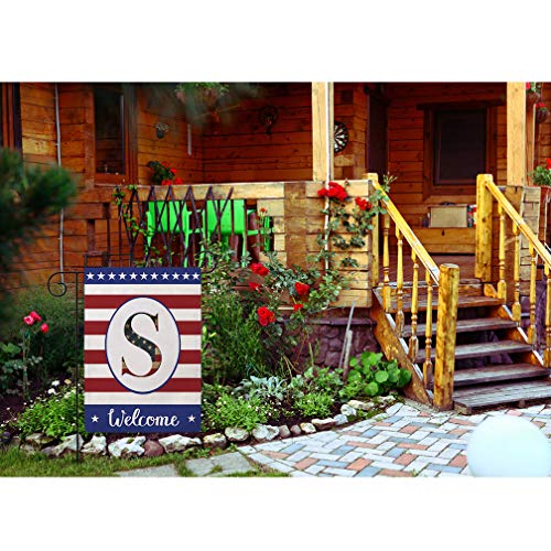 Patriotic Decorative Flag Initial Letter Garden Flags with Monogram S Double Sided American Independence Day Flag Welcome Burlap Garden Flags 12.5×18 Inch for House Yard Patio Outdoor Decor(S)