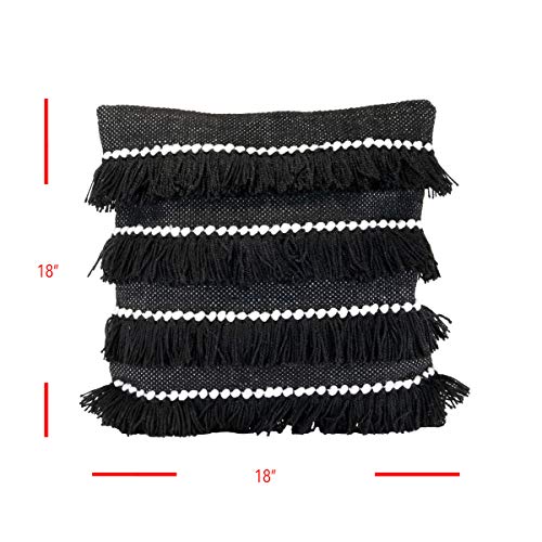 Foreside Home & Garden FIPL09795 Black Decorative Striped Woven 18x18 Outdoor Throw Pillow with Hand Tied Fringe