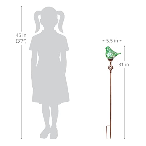 Exhart Garden Solar Lights, Decorative LED Bird Garden Stake, Hand Blown Glass and Metal Outdoor Decoration, Green, 5.5 x 31 Inch