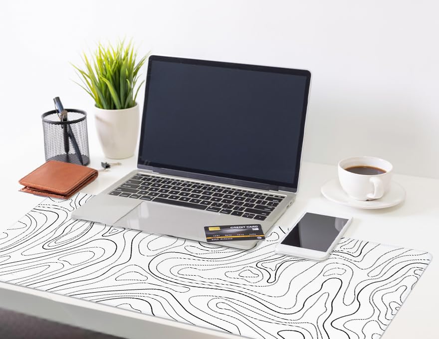 Topographic Gaming Mouse Pad, Extended XL Mousepad with Anti Slip Base, Large Desk Mat Keyboard and Mouse Minimalist Contour for Office 31.5 x 11.8 in