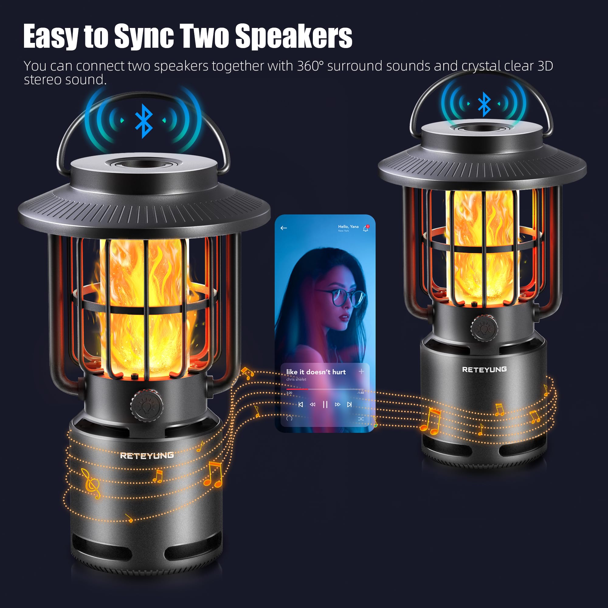 Outdoor Bluetooth Speakers, LED Flame Light Speaker for Men Women Fathers,Wireless Portable Speaker with Wall Mount/Hook,IP65 Waterproof Speaker for Patio/Yard/Party/Camping Black