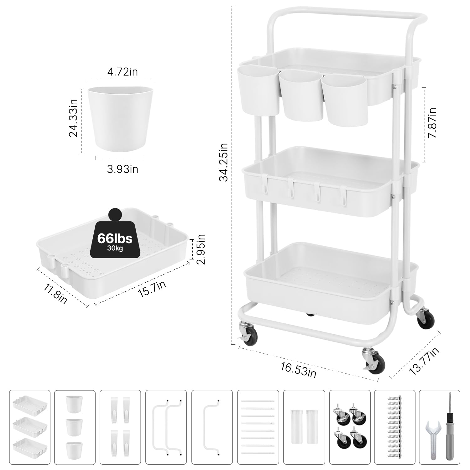 LEZIOA 3 Tier Rolling Cart, Ajustable Art Craft Cart Organizer on Wheels, Metal Utility Storage Cart with Handle for Kitchen Bathroom, Mobile Multifunctional Salon Trolley Makeup Cart, Easy Assembly