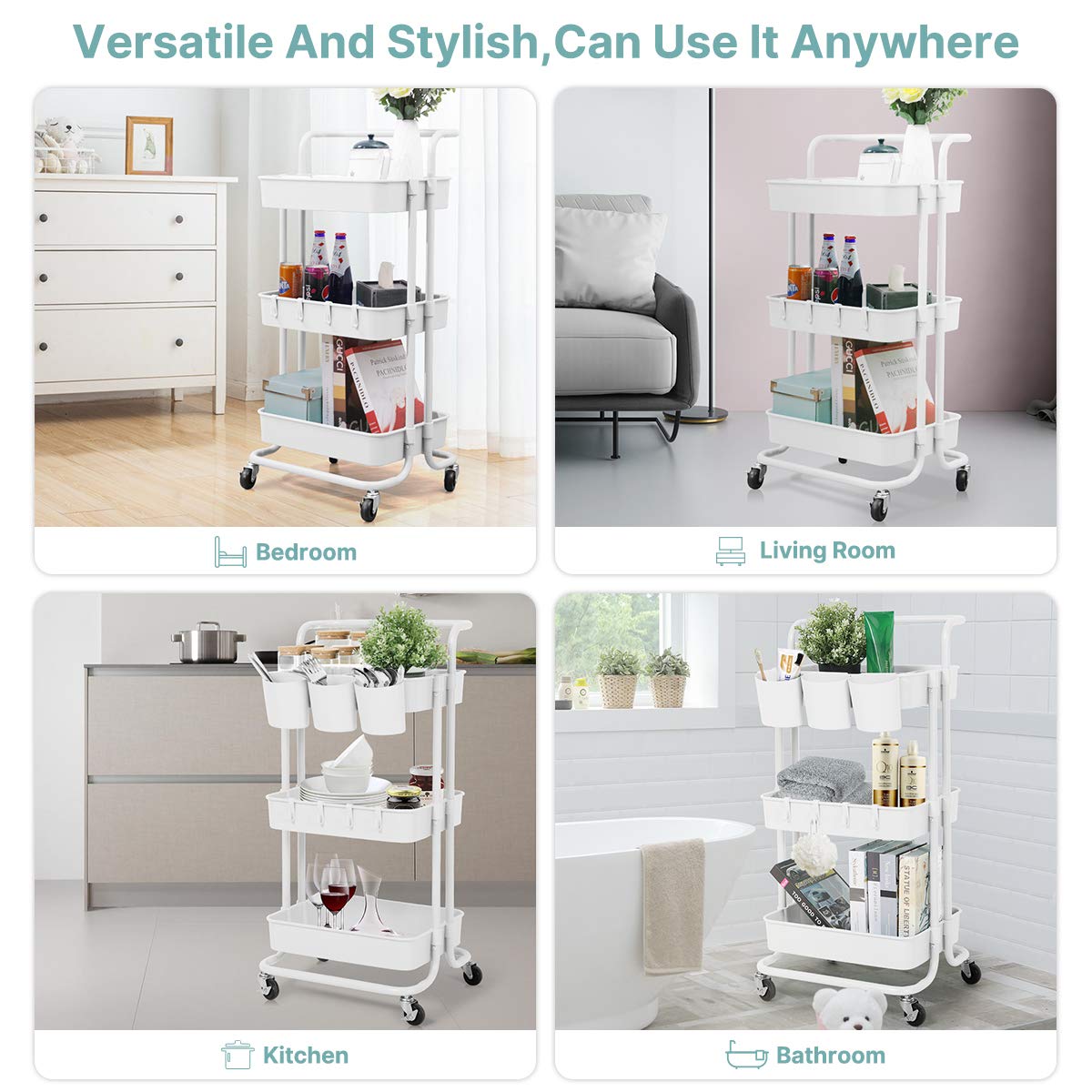 LEZIOA 3 Tier Rolling Cart, Ajustable Art Craft Cart Organizer on Wheels, Metal Utility Storage Cart with Handle for Kitchen Bathroom, Mobile Multifunctional Salon Trolley Makeup Cart, Easy Assembly