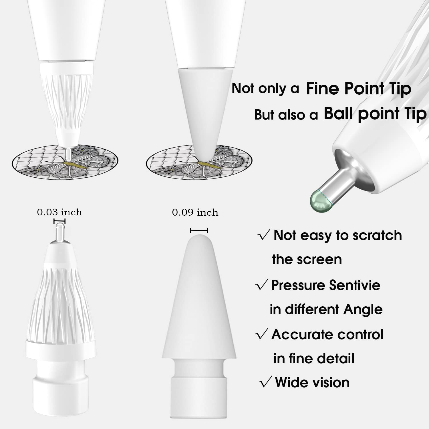 Upgraded [Pen Like ]Pencil Tips fits for Apple 2nd 1st Gen iPad Pro Pencil ,No Wear Out Fine Point Apple Pen Tip &Noiseless Friction Nib Covers Set , Make iPencil 1 / Pencil 2 Work Like a Charm ,White