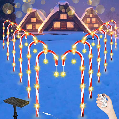 EMIE Outdoor Christmas Decorations,12 Pack Solar Christmas Candy Cane Lights Upgraded Waterproof Solar Pathway Markers Yard Lights with Star 8 Modes Xmas Decorations for Decor Garden Yard
