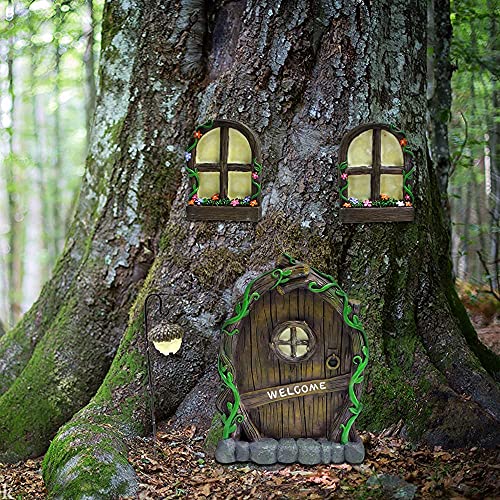 Meyas Fairy Door and Windows for Trees,Glow in The Dark Yard Art Sculpture Decoration for Kids Room,Wall Trees Outdoor Miniature Fairy Garden Outdoor Decor Accessories with Fairy Lantern,Easter Gift