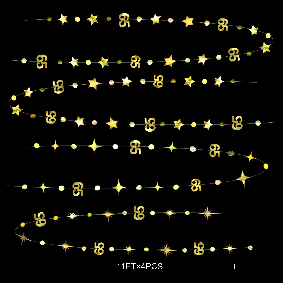 Gold 65th Birthday Decorations Number 65 Circle Dot Twinkle Star Garland Metallic Hanging Streamer Bunting Banner Backdrop for 65 Year Old Birthday Happy 65th Anniversary Sixy Five Party Supplies