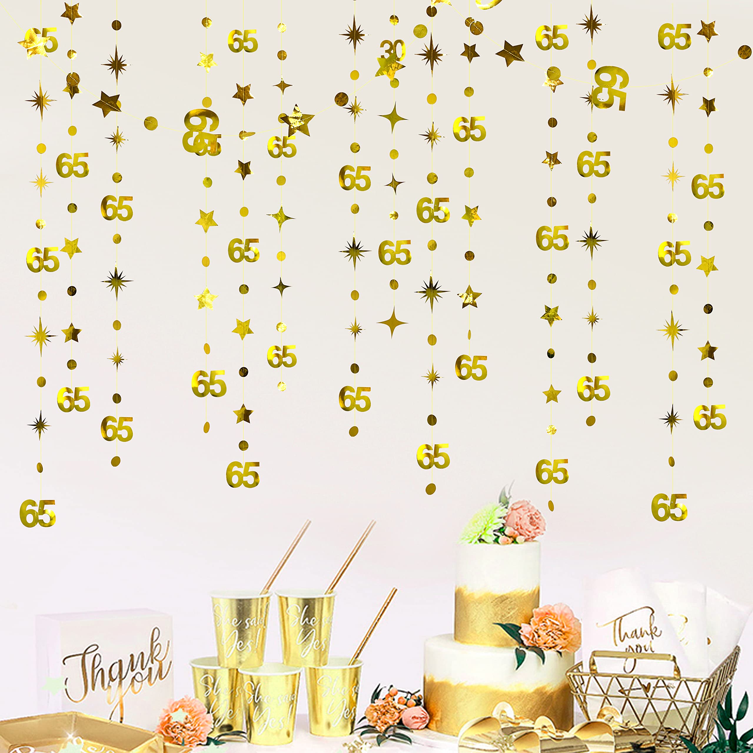 Gold 65th Birthday Decorations Number 65 Circle Dot Twinkle Star Garland Metallic Hanging Streamer Bunting Banner Backdrop for 65 Year Old Birthday Happy 65th Anniversary Sixy Five Party Supplies