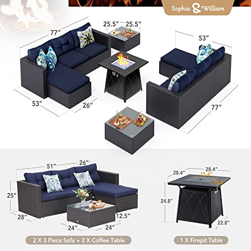 Sophia & William Patio Furniture Sectional Sofa with Gas Fire Pit Table All-Weather Wicker Rattan Outdoor Conversation Sets W/Coffee Table, CSA Approved 28-Inch 50,000BTU Propane Fire Pit (Navy Blue)