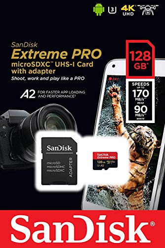 SanDisk Extreme PRO 128GB Micro SDXC UHS-I U3 A2 V30 170MB/s Memory Card with Adapter. Full HD and 4K Ultra HD Video Recording