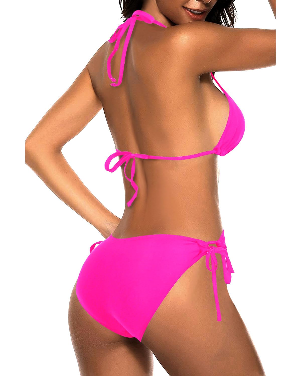 Tempt Me Women Hot Pink Triangle Bikini Sets Halter Two Piece Sexy Swimsuit String Tie Side Bathing Suit M