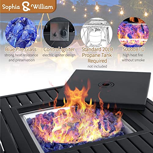 Sophia & William Patio Furniture Sectional Sofa with Gas Fire Pit Table All-Weather Wicker Rattan Outdoor Conversation Sets W/Coffee Table, CSA Approved 28-Inch 50,000BTU Propane Fire Pit (Navy Blue)