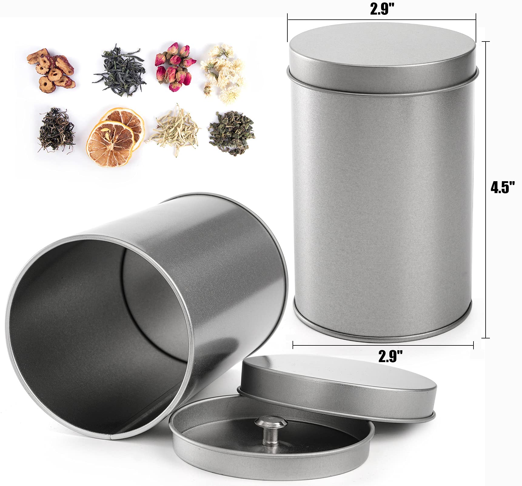 Yesland 6 Pack Tea Tin Canister with Airtight Double Lids, 12 Oz Tin Can Box and Small Round Kitchen Canisters for Loose Tea, Coffee, Candy, Herbs and Spices(Silver)