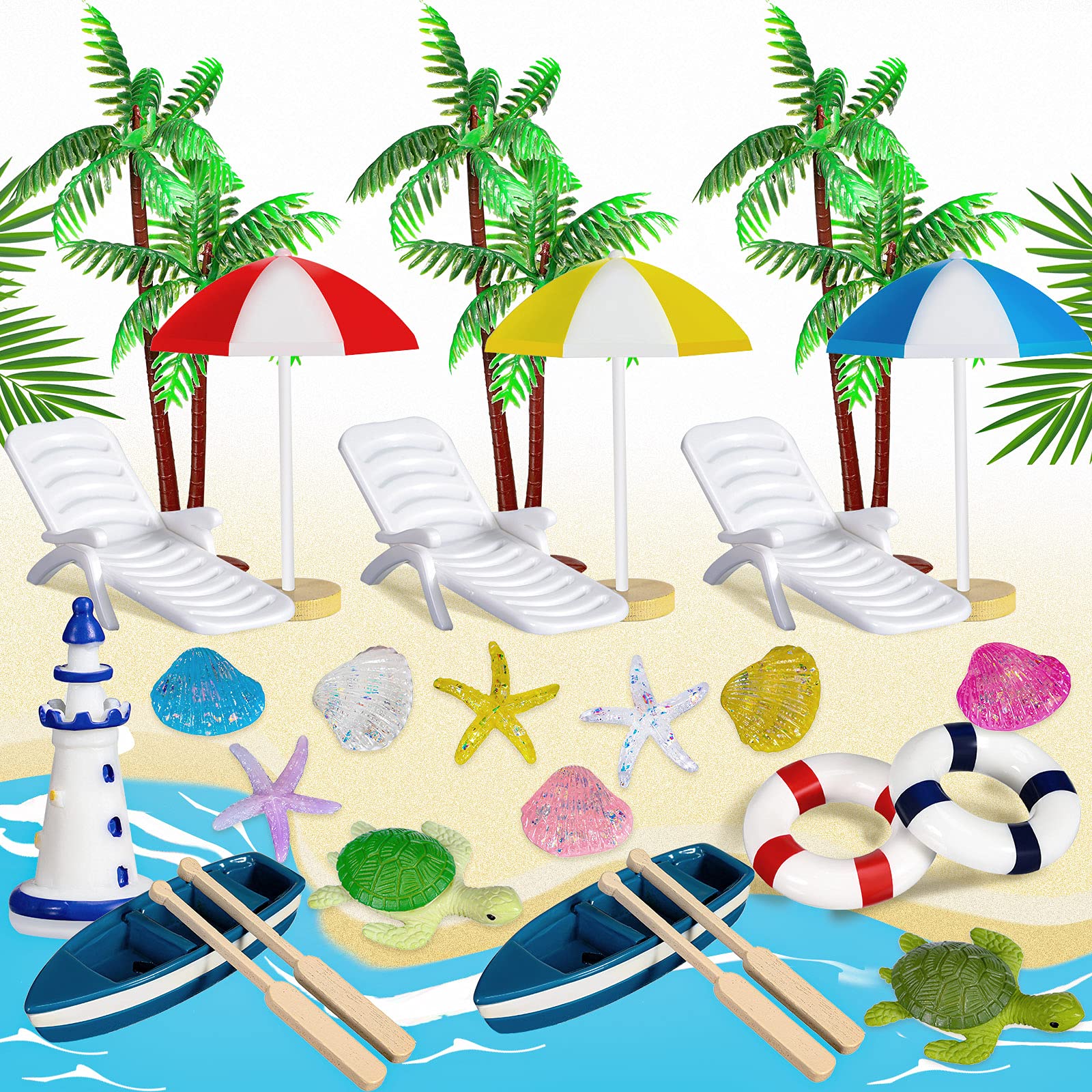 Burbell 24 Pieces Beach Style Miniature Ornament Set, Miniature Garden Doll House Cake Topper Decoration, Fairy Garden Accessories Micro Landscape Ornaments for DIY Fairy Garden Dollhouse Plant Decor