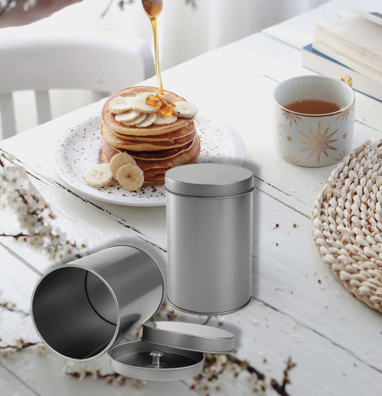 Yesland 6 Pack Tea Tin Canister with Airtight Double Lids, 12 Oz Tin Can Box and Small Round Kitchen Canisters for Loose Tea, Coffee, Candy, Herbs and Spices(Silver)