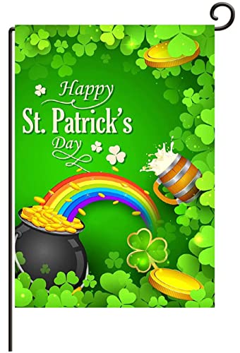 Happy St Patrick's Day Shamrock Spring Clover Lucky Rainbow Coin Pot House Flag 12.5" x 18" Double Sided Polyester Welcome Large Yard Garden Flag Banners for Patio Lawn Home Outdoor Decor-L33