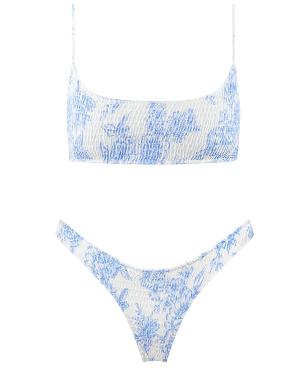 VOLAFA Women's Triangle Bikini Set Smocked Textured Scoop Frilled Print Ruched Elastic Swimsuit Two Piece Bathing Suit (Light Blue, Medium)