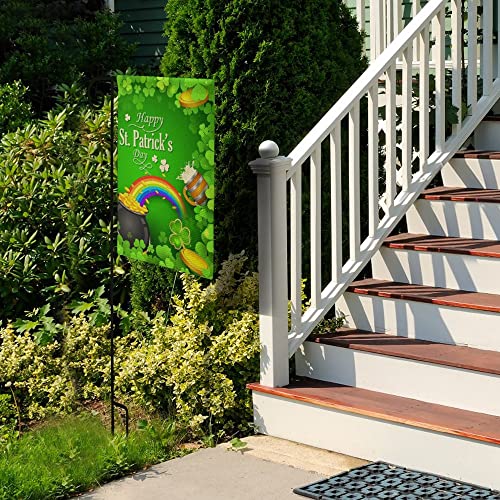 Happy St Patrick's Day Shamrock Spring Clover Lucky Rainbow Coin Pot House Flag 12.5" x 18" Double Sided Polyester Welcome Large Yard Garden Flag Banners for Patio Lawn Home Outdoor Decor-L33