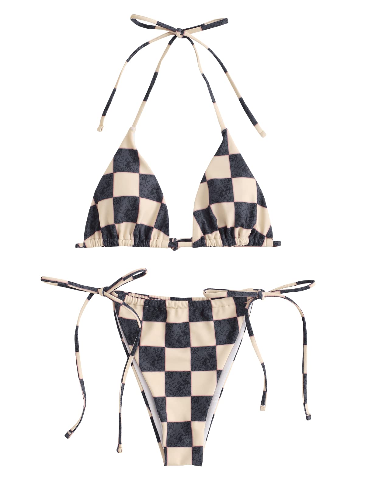 ZAFUL Triangle Bikini for Women 2 Piece Halter Bikini Sets Sexy High Cut Bathing Suit Side Tie Swimsuits Black Plaid S