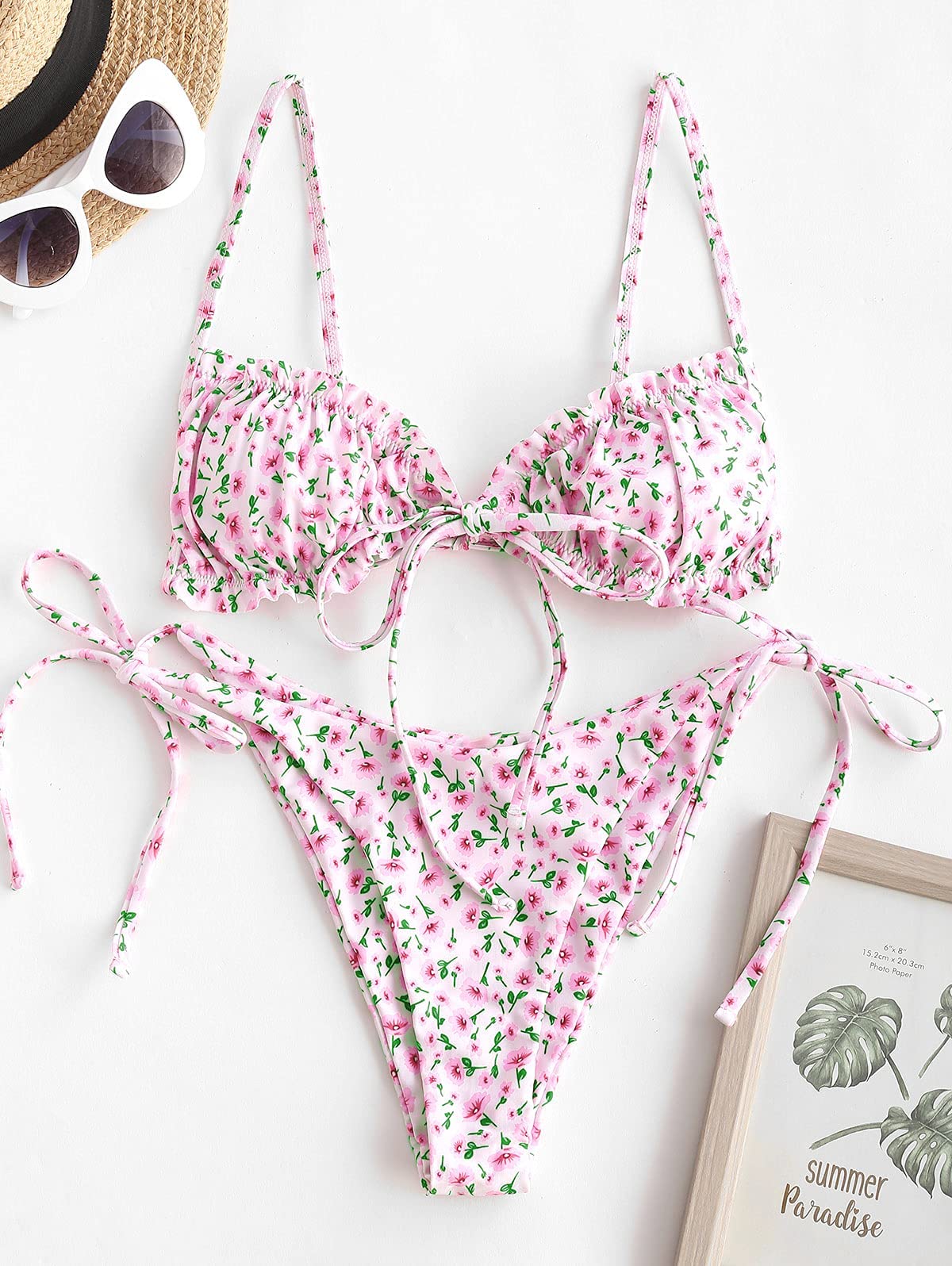ZAFUL Ditsy Floral Frilled Tie Knot Front Strappy Bikini Sets Swimwear Pink