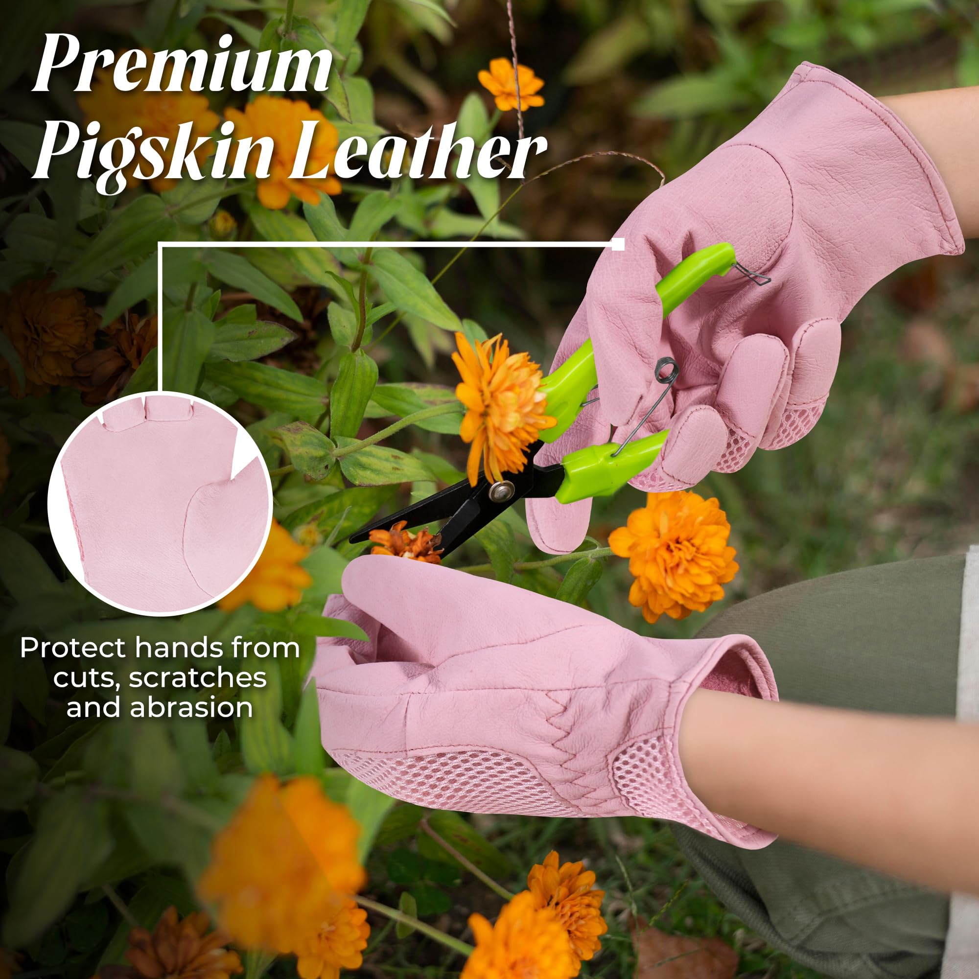 HANDLANDY Womens Garden Gloves, Scratch Resistance Leather Gardening Gloves for Ladise,Yard Gloves 3D Mesh Comfort Fit- Improves Dexterity and Breathability (Medium, Pink)