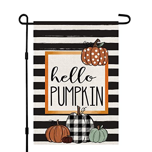 Fall Garden Flag Hello Pumpkin Sign 12 x 18 Inch Double Sided Autumn Farmhouse Seasonal Yard Outdoor Thanksgiving Decor DF082