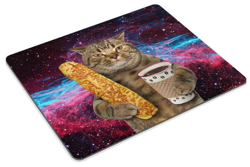 Smooffly Funny cat Mousepad,The Cat is Holding a Cup of Black Coffee and a Baguette with Galaxy Design Customized Rectangle Non-Slip Rubber Mousepad Gaming Mouse Pad