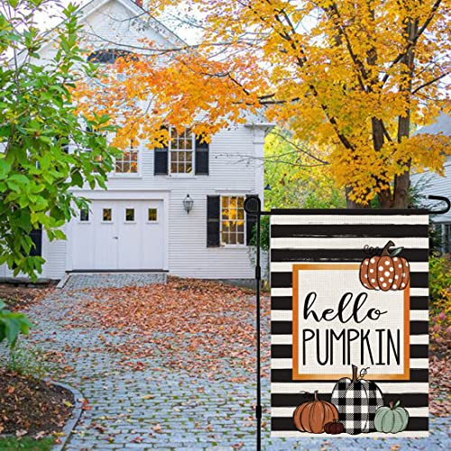 Fall Garden Flag Hello Pumpkin Sign 12 x 18 Inch Double Sided Autumn Farmhouse Seasonal Yard Outdoor Thanksgiving Decor DF082