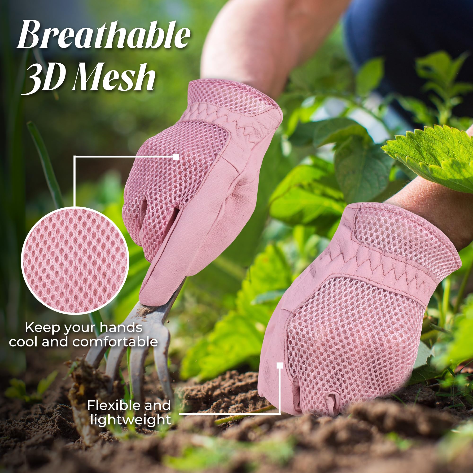 HANDLANDY Womens Garden Gloves, Scratch Resistance Leather Gardening Gloves for Ladise,Yard Gloves 3D Mesh Comfort Fit- Improves Dexterity and Breathability (Medium, Pink)