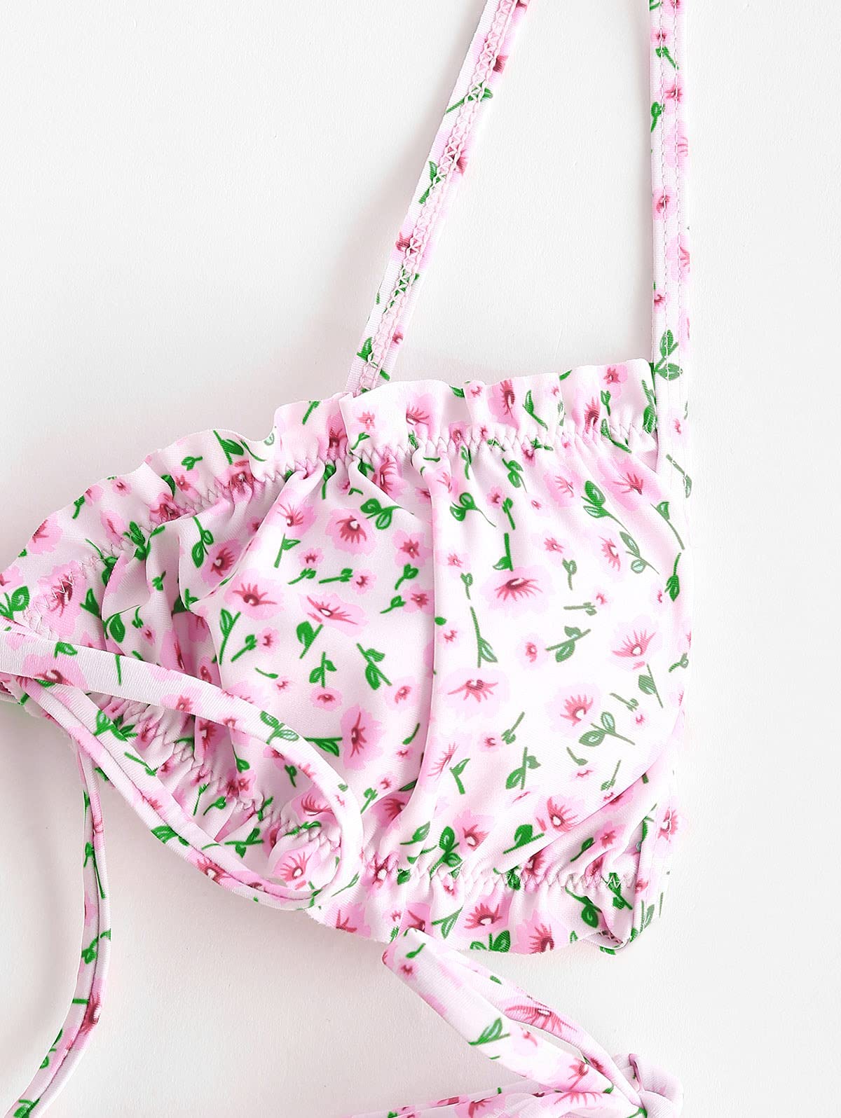 ZAFUL Ditsy Floral Frilled Tie Knot Front Strappy Bikini Sets Swimwear Pink