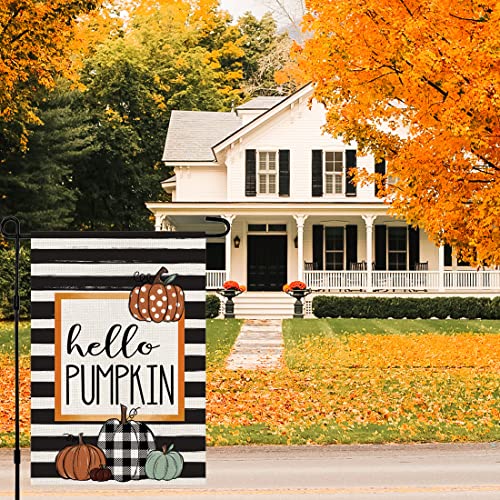 Fall Garden Flag Hello Pumpkin Sign 12 x 18 Inch Double Sided Autumn Farmhouse Seasonal Yard Outdoor Thanksgiving Decor DF082