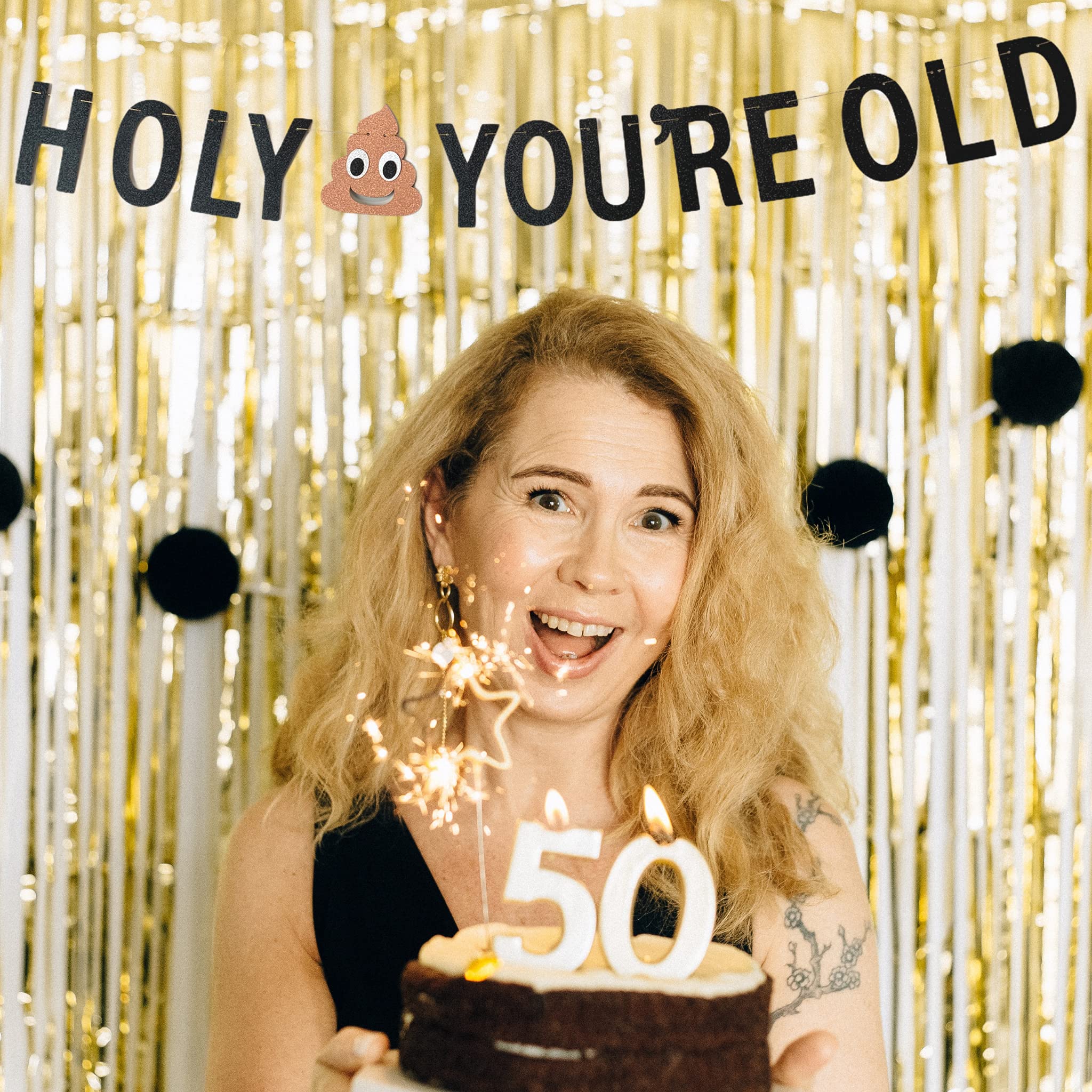 Holy (Poop Emoji) You're Old Banner | Funny Adult Birthday Party Pre-Strung Sign | Fun Decoration for 21st, 30th, 40th, 50th, 60th, 80th, 90th, and everything in between (No Assembly Needed)