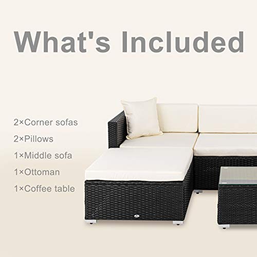 CharaVector Patio Furniture Set, Outdoor Sectional Rattan Sofa Wicker Conversation Couch Set 5 Pieces with Pillows&Coffee Table&Thick Cushions for Backyard Garden Poolside