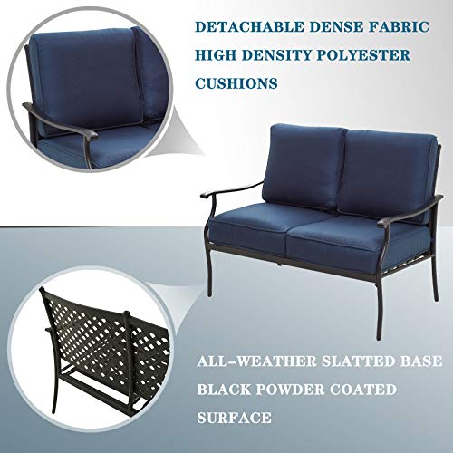 Festival Depot 4pc 4 Seats Patio Conversation Outdoor ArmChairs Loveseat Set with Coffee Table Fabric Metal Frame Furniture Garden Bistro Seating Thick Soft Cushions (Blue)
